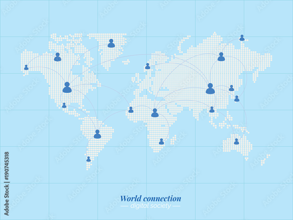Digital world. Blue Bitmap of world connected together with network ...