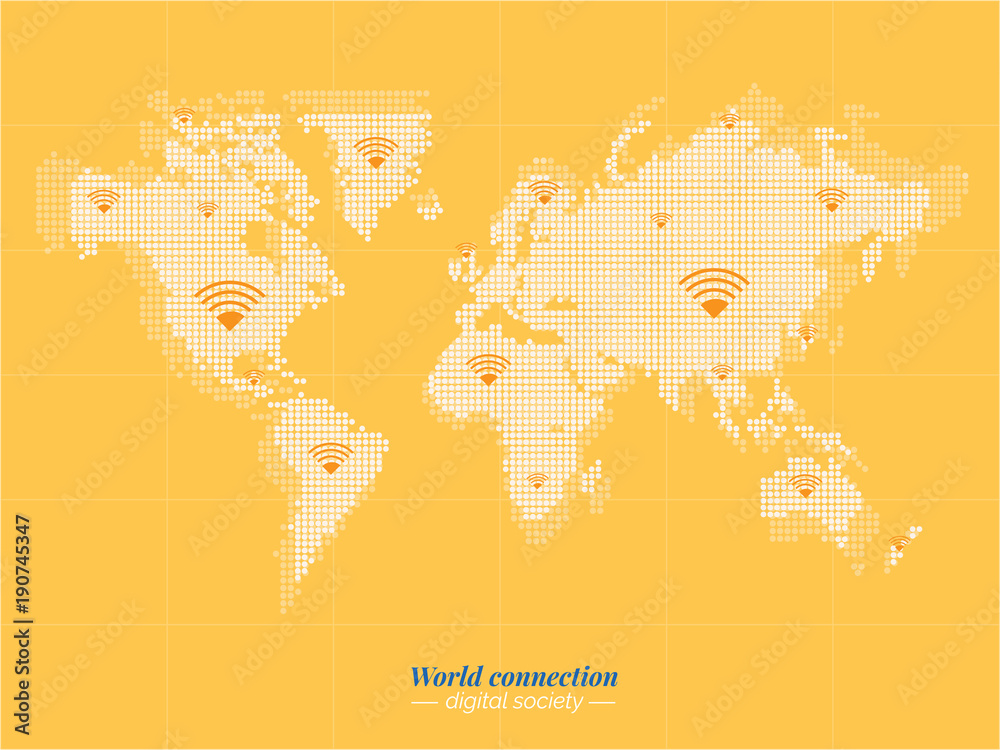 Digital world. Blue Bitmap of world connected together with network ...