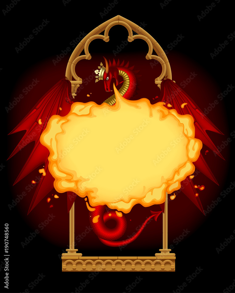 Red dragon breathing fire with a gold crown and gothic architecture ...