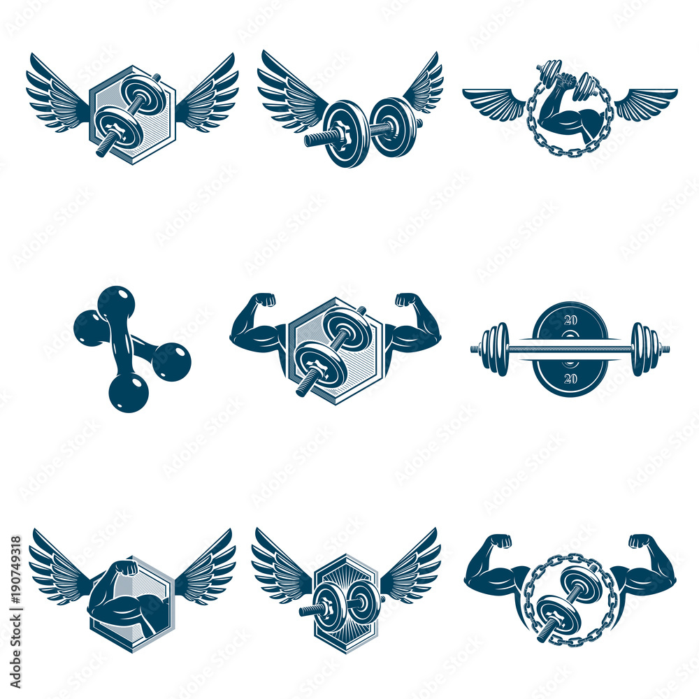 Set of vector bodybuilding theme illustrations made using dumbbells ...
