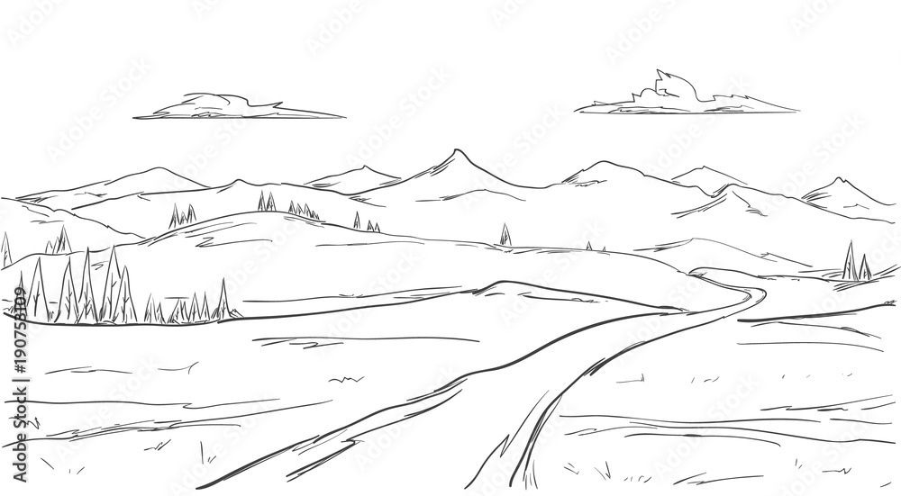 Hand drawn Mountains sketch landscape with road, pine and clouds. Line ...