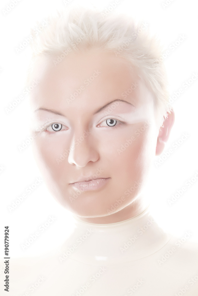 strange futuristic alien albino woman with short blonde hair posing in ...