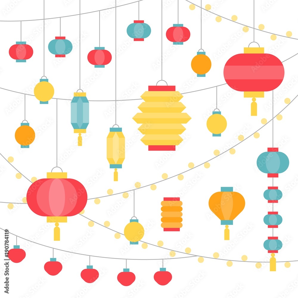 Square flat design illustration of hanging Chinese paper lantern for ...