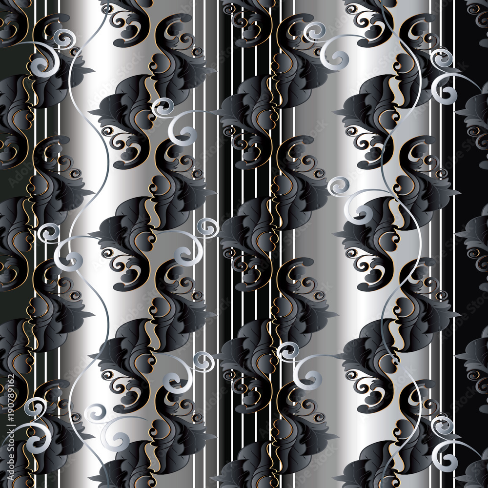 Baroque striped black and white vector seamless pattern. Abstract 3d ...