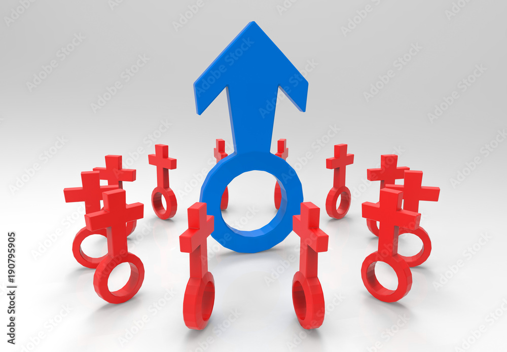 3d rendering. A big Blue Male standing among circle row of Red Female ...