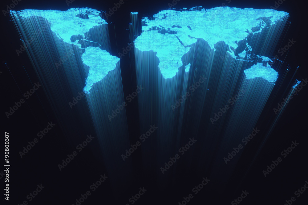 3D illustration. Map of the world in form of fiber optic cables. Stock ...