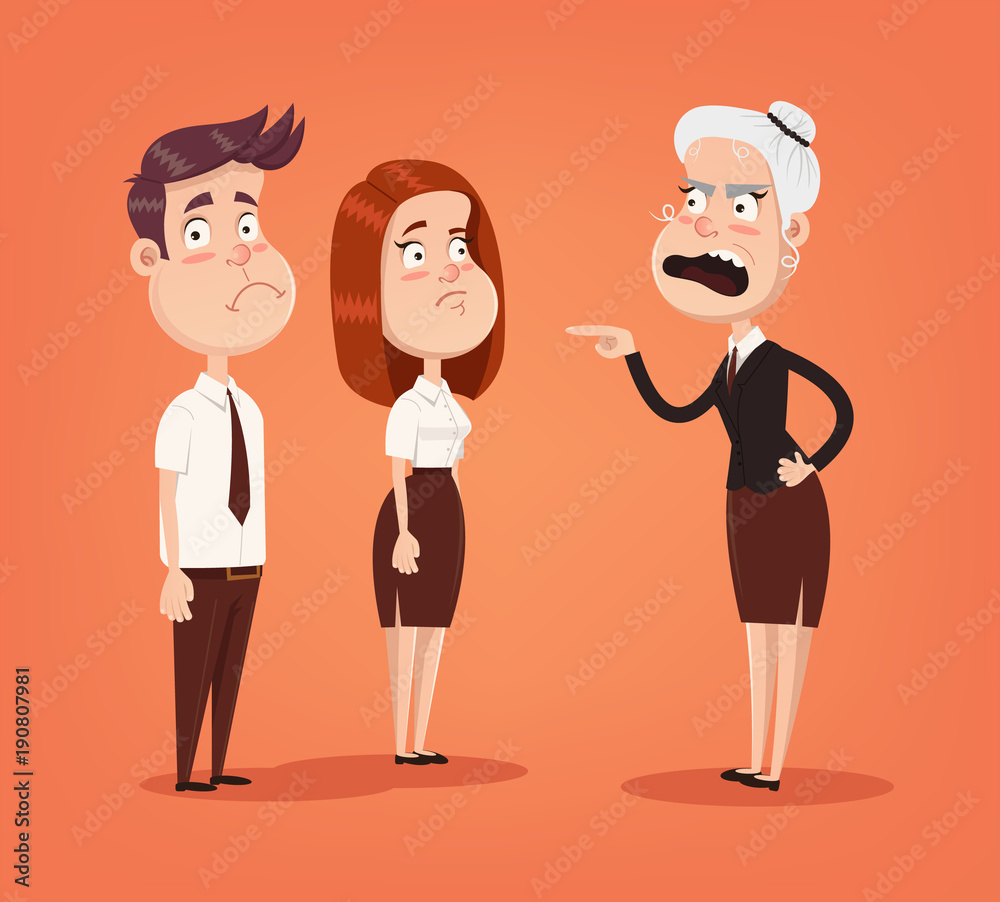 Angry woman boss character scream on employee office workers. Vector ...