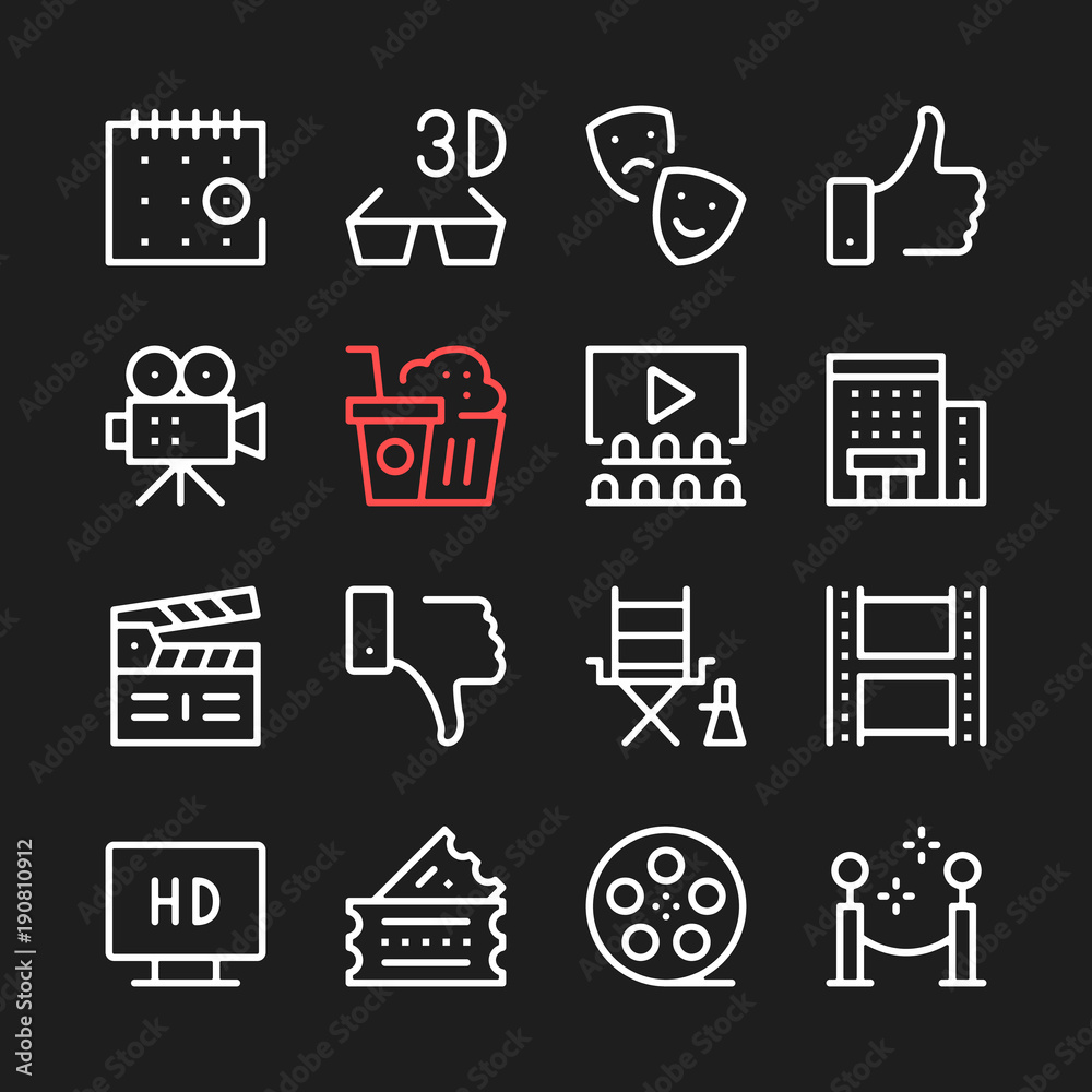 Movie, film production line icons. Modern graphic elements, simple ...