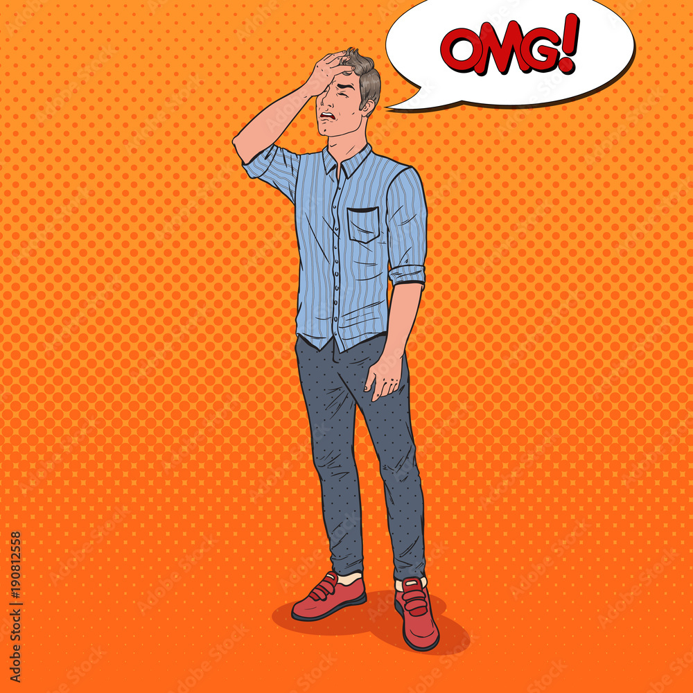 Pop Art Ashamed Man Covering his Face with Hand. Negative Emotion ...