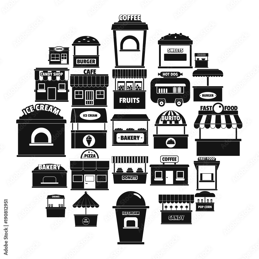 Street food kiosk icons set. Simple illustration of 25 street food ...