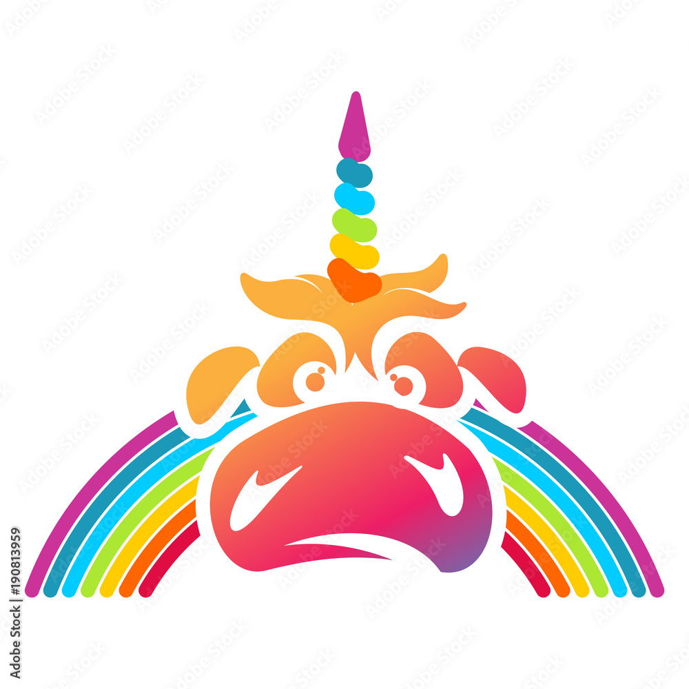 Funny unicorn face graphic logo template. Full color catroon unicorn ...