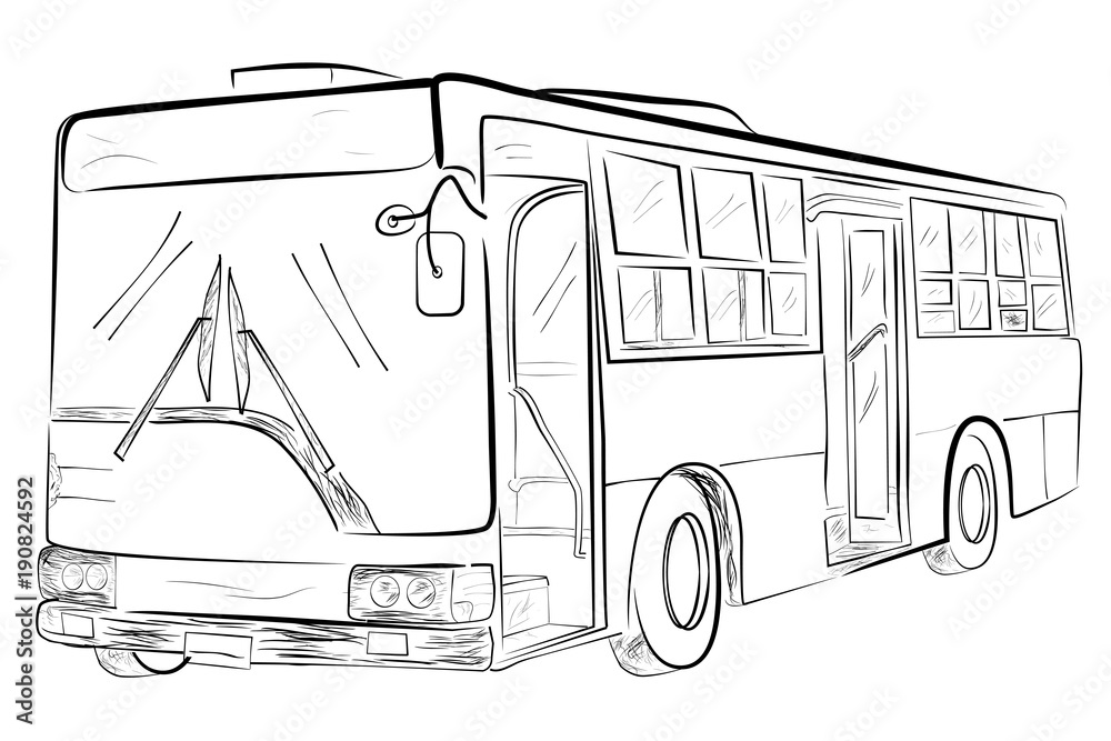 Sketch of Classic Big Bus, Low Angle Perspective Stock Illustration ...