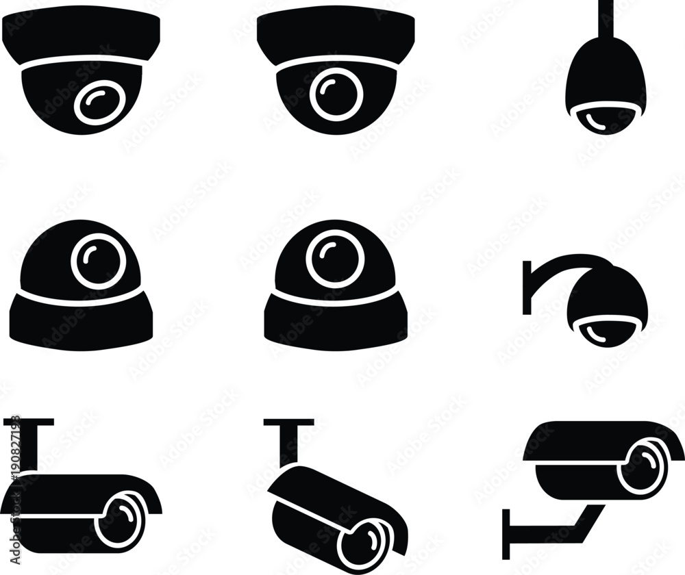 CCTV camera icons and symbol in silhouette, vector Stock Vector | Adobe ...