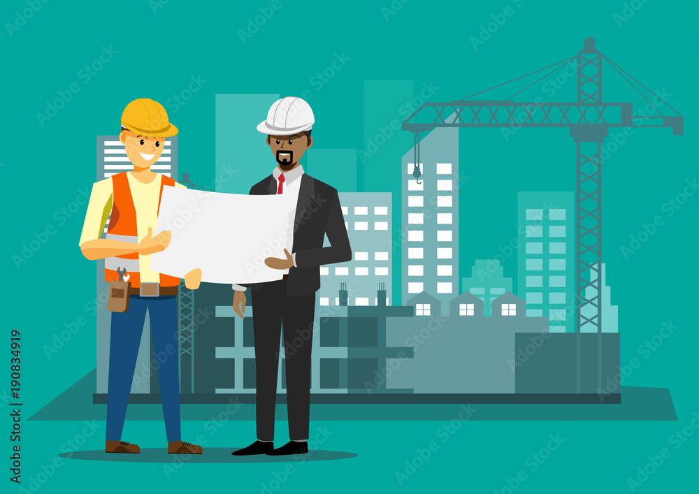 Civil engineer discussion with architects, engineer reading ...