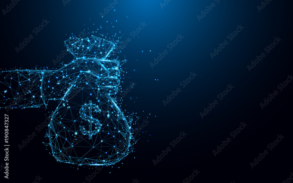 Abstract hand holding a money bag form lines and triangles, point ...