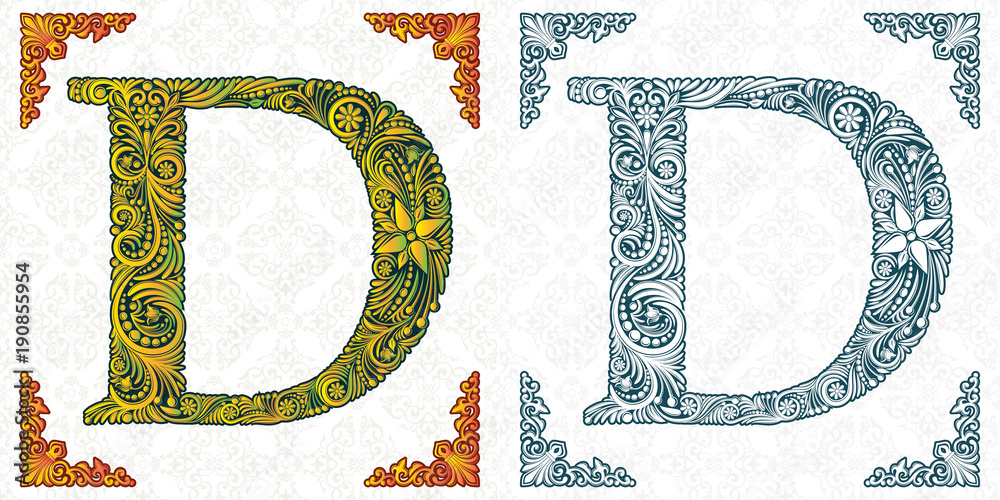 Letter D. Vector. Decorative alphabet on white background. Isolated ...