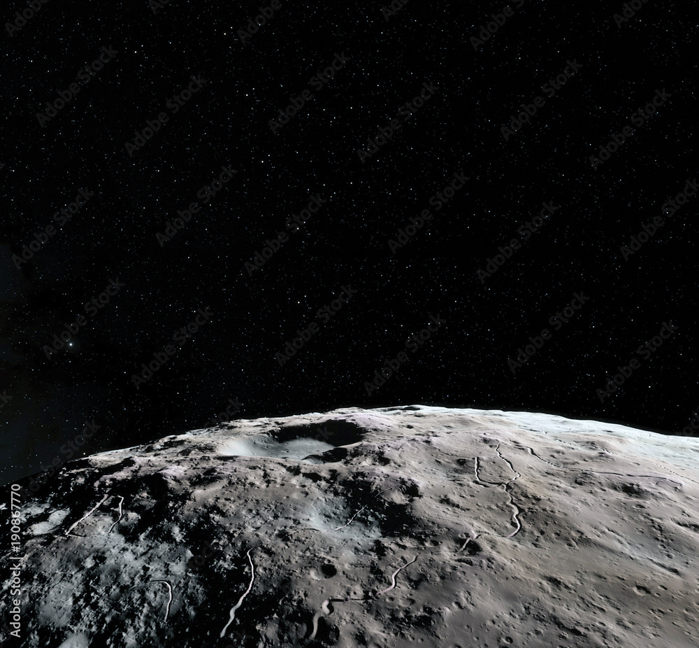 Moon surface. Realistic 3d render of moon and space. Space and planet ...