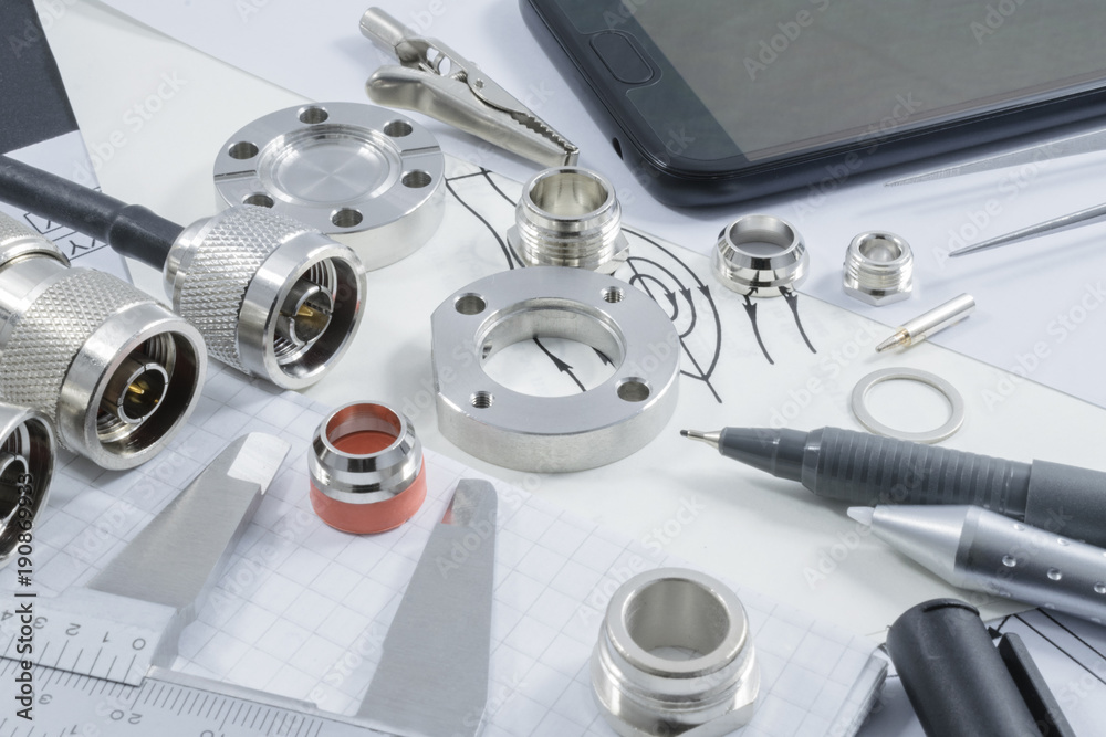 Engineering and technology background with components, records and ...