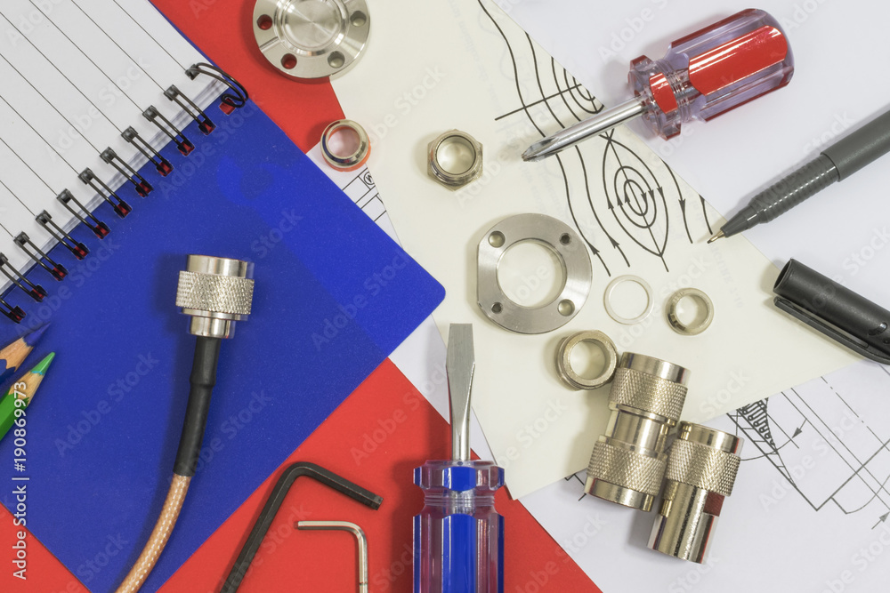 Engineering and technology background with components, records and ...