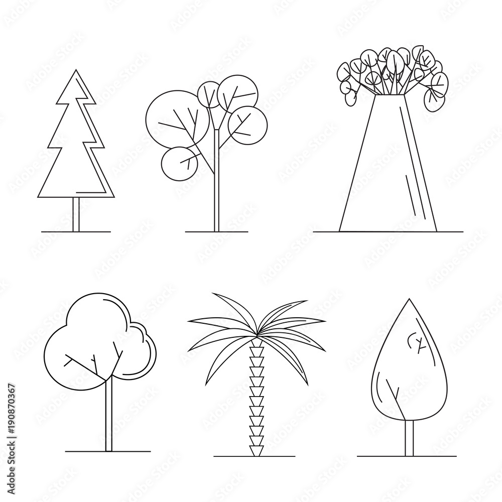 Set of cute black outline trees cartoon style vector illustration Stock ...
