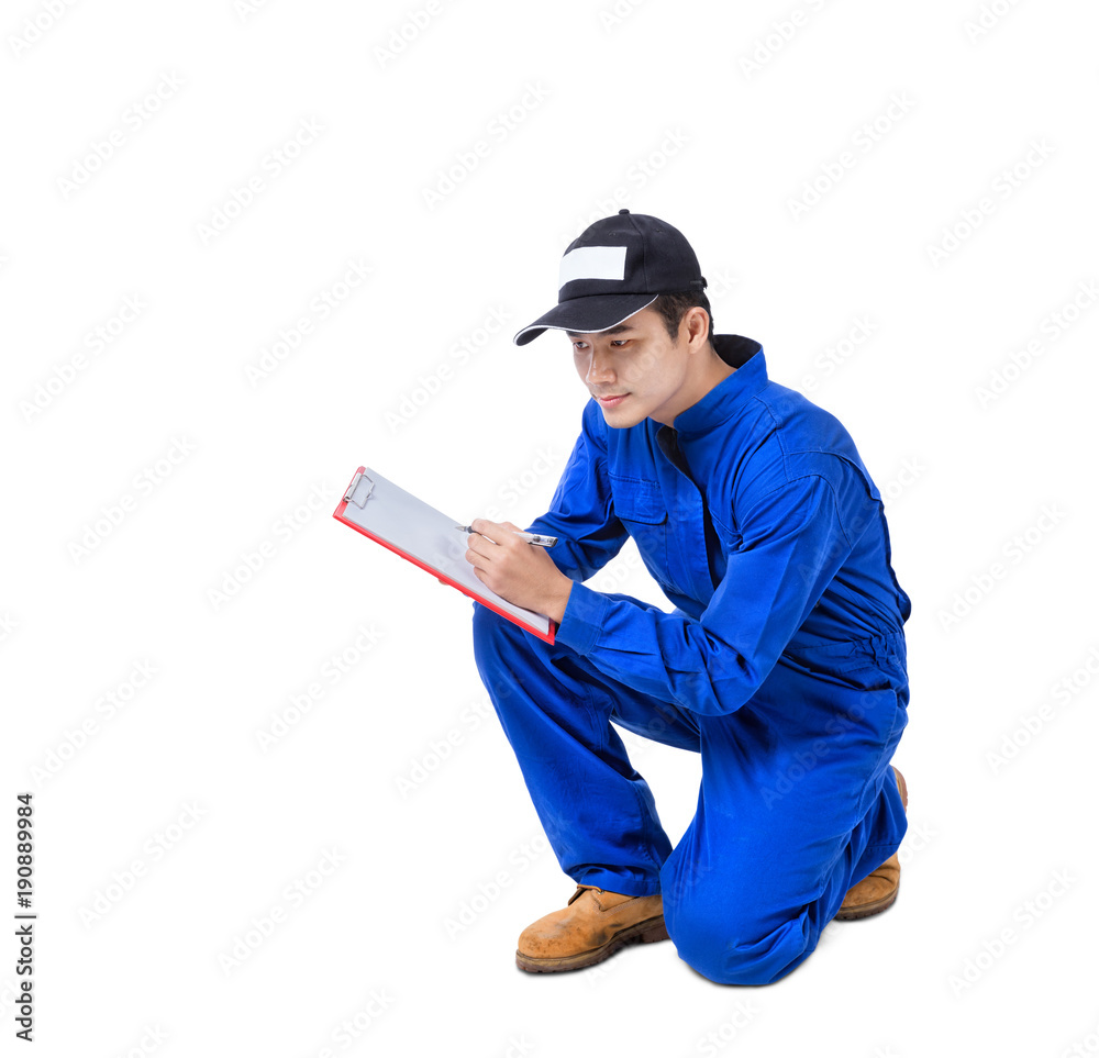 Technician service with clipboard isolated on white background. Stock ...