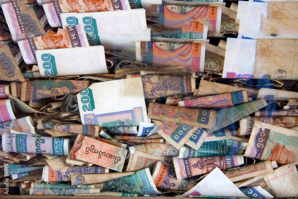Old and new Kyat banknotes, currency money of Myanmar (Burma) are full ...