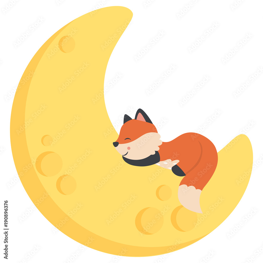 Cute Little Baby Fox Sleeping on Crescent Moon Kawaii Style Flat Vector ...