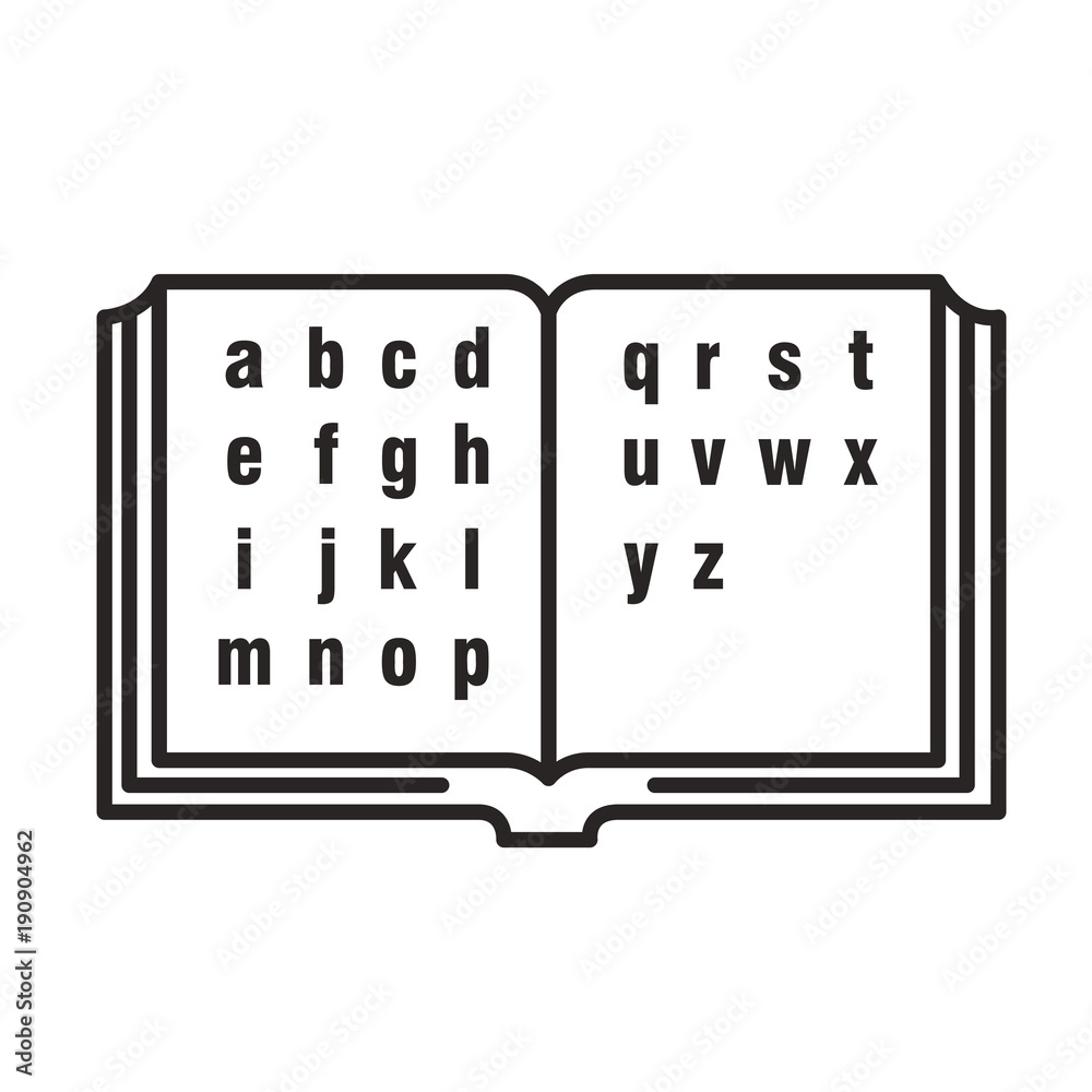 black outline open book with English alphabet vector drawing Stock ...