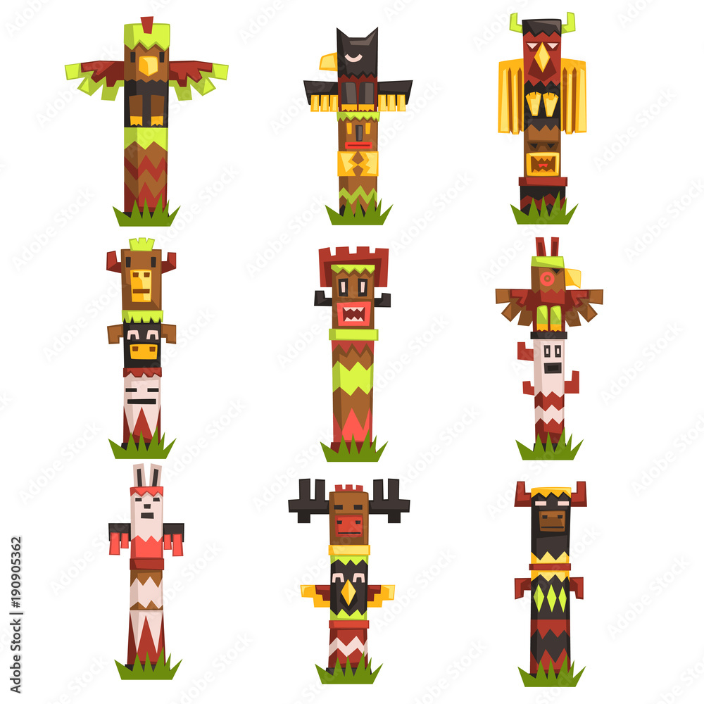 Traditional religious Totem Poles set, native culture tribal symbol ...