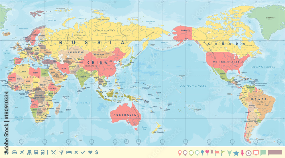 Vintage Political World Map Pacific Centered Stock Vector | Adobe Stock