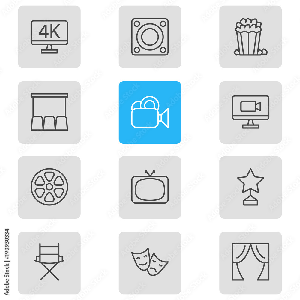 Vector illustration of 12 movie icons line style. Editable set of award ...