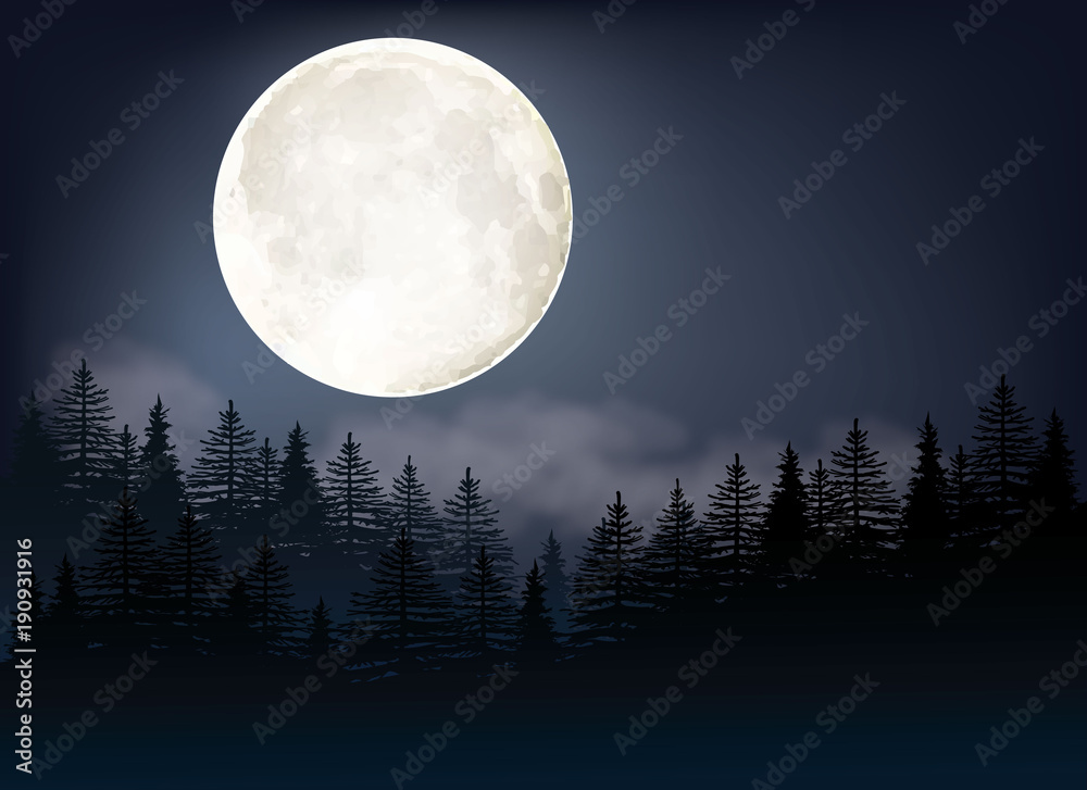 Full Moon vector Illustration. A night sky background with trees and ...