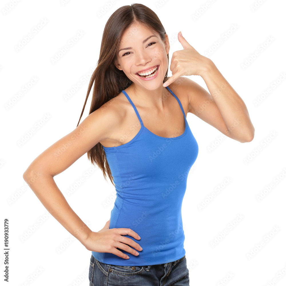 Beautiful young Asian woman confident doing the call me hand sign ...