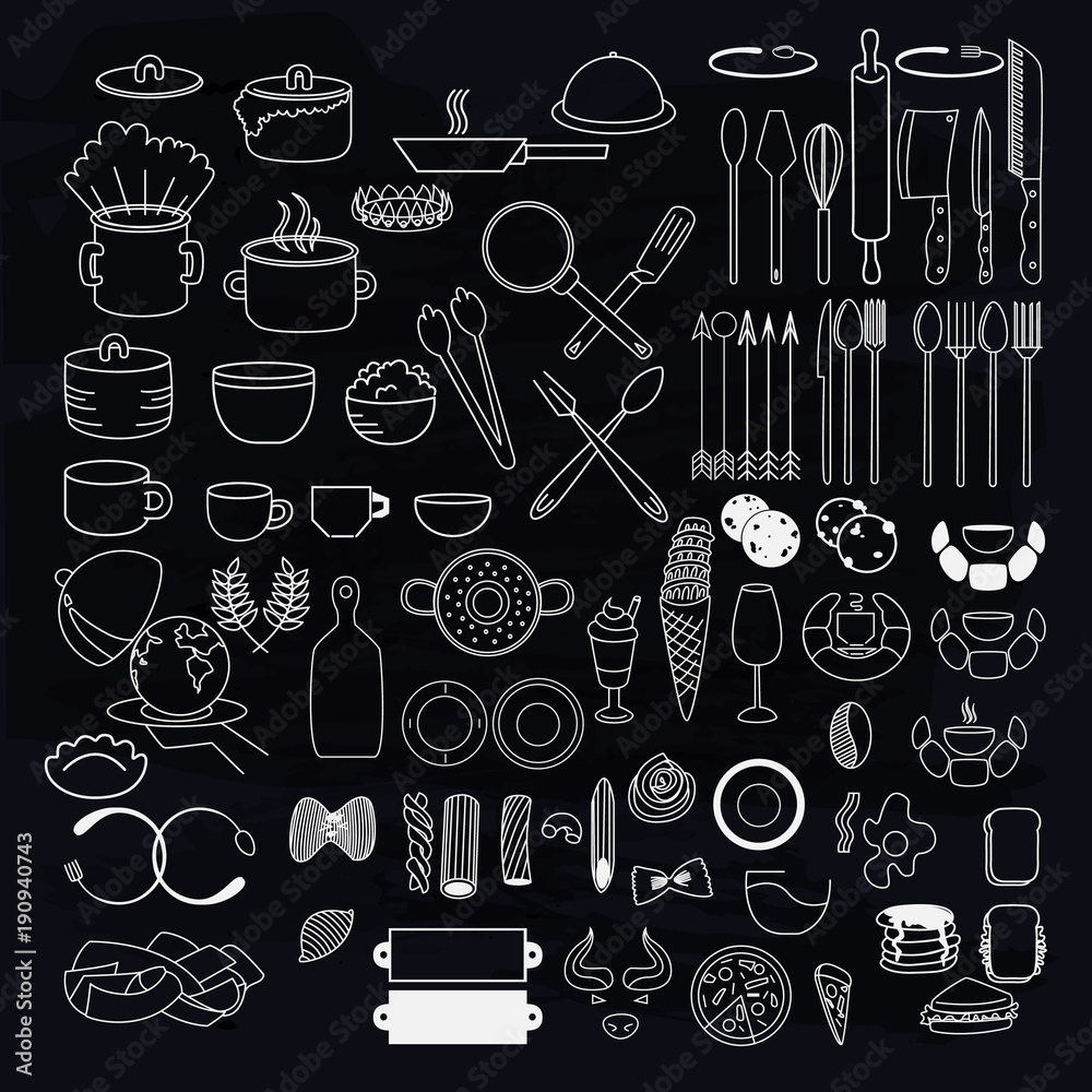 Kitchen utensils symbols on blackboard. Collection of handmade labels ...