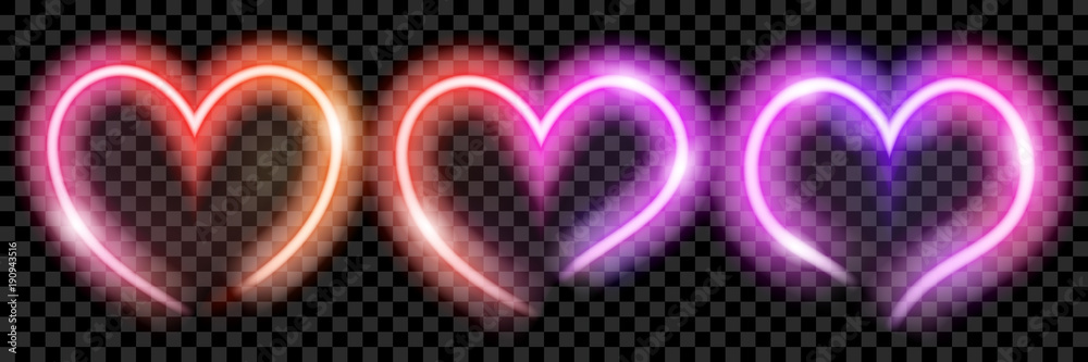 Set of colorful translucent neon hearts on transparent background ...
