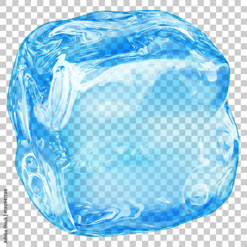 One big realistic translucent ice cube in light blue color on ...