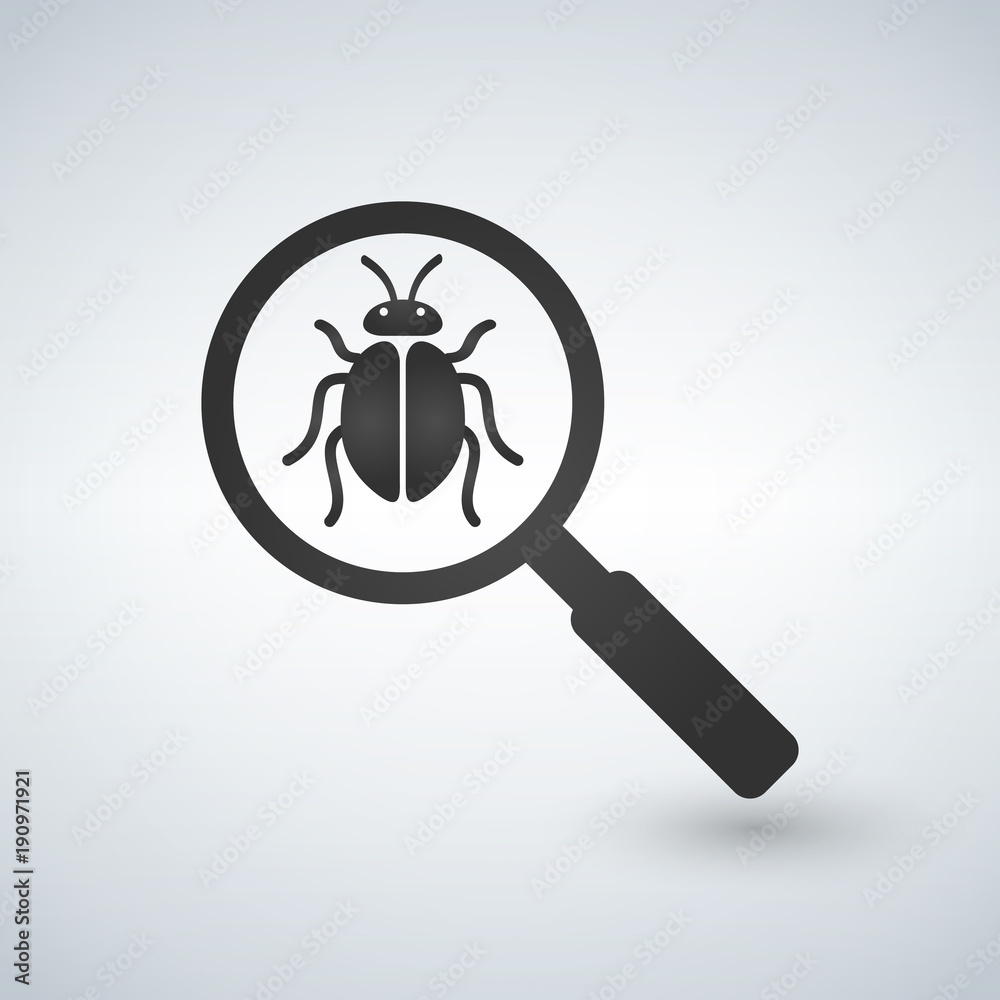 Bug under magnifying glass vector icon isolated on white background ...