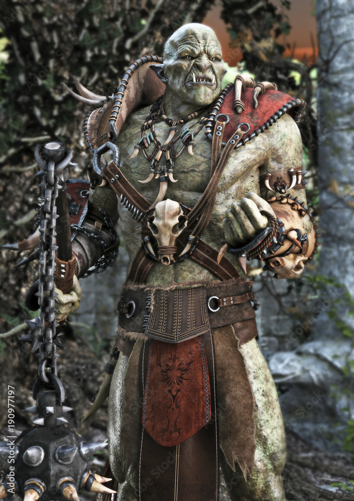 Portrait of a powerful armored orc. 3d rendering Stock Illustration ...