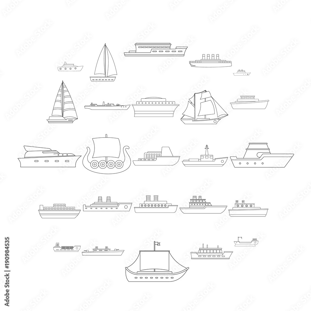 Marine vessels types icons set. Outline illustration of 25 marine ...