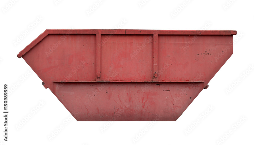 Red trash container with scratches isolated on white background Stock ...
