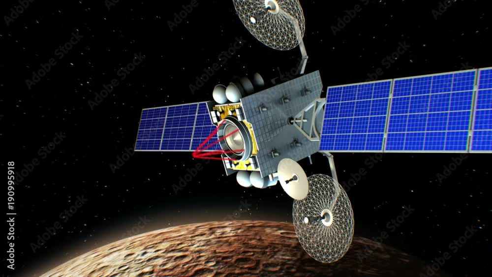 Space laser weapon. Mercury on background, fictional military satellite on orbit of planet ...
