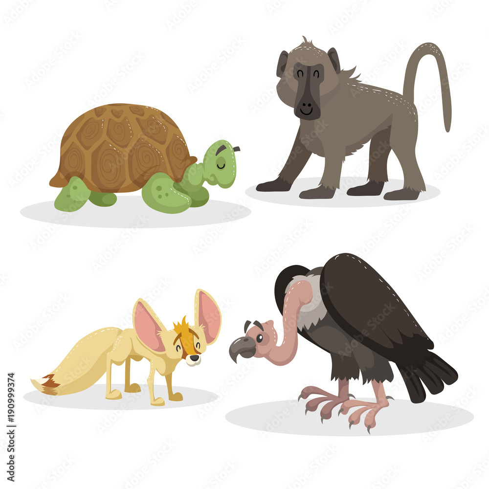 Cartoon trendy style african animals set. Baboon monkey, fennec fox ...
