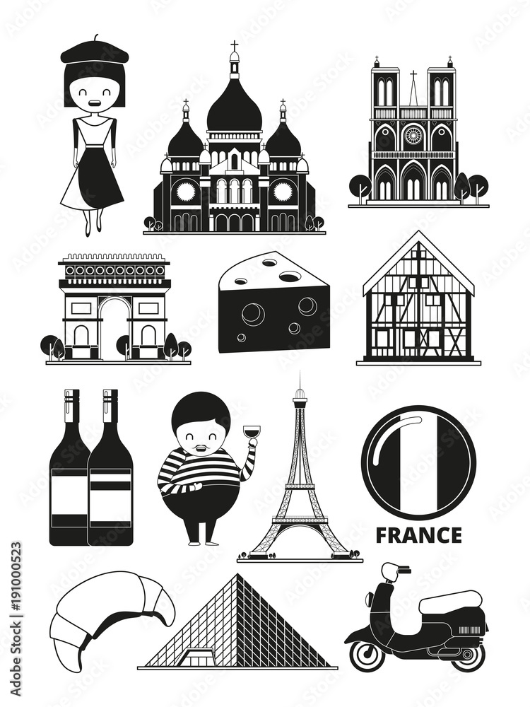 Monochrome illustrations of french landmarks. Vector pictures in ...