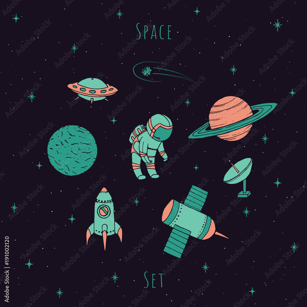 Hand drawn vector space elements: cosmonaut, satelites, rocket, planets ...