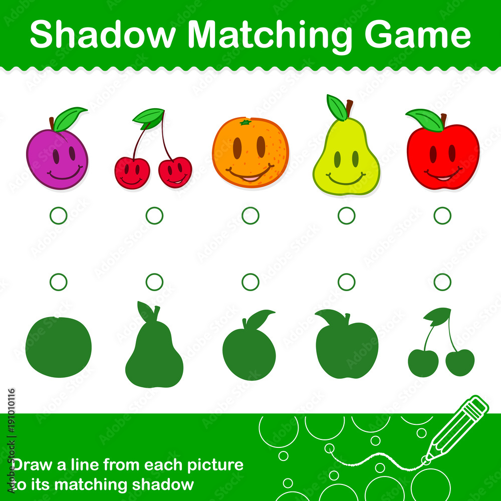 Colorful Fruit Shadow matching Game for kids Stock Vector | Adobe Stock