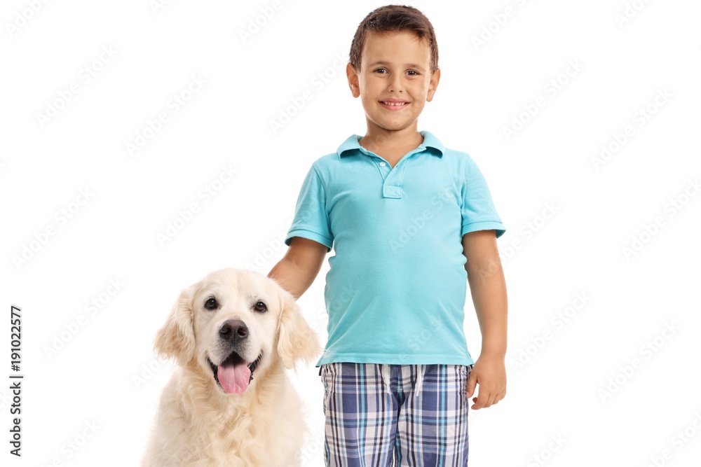 Cute little boy with a labrador retriever dog Stock-Foto | Adobe Stock