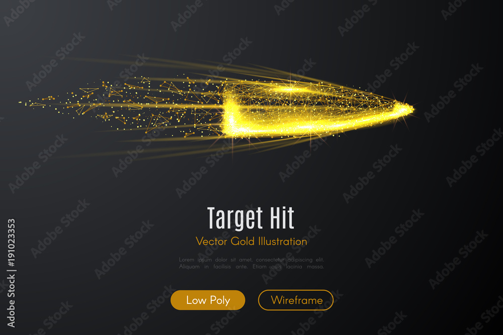 Low poly illustration of the bullet with a golden dust effect. Sparkle ...