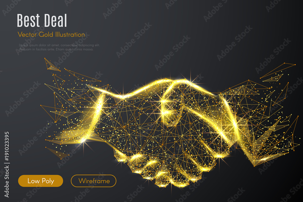 Low poly illustration of the Business handshake with a golden dust effect. Sparkle stardust ...