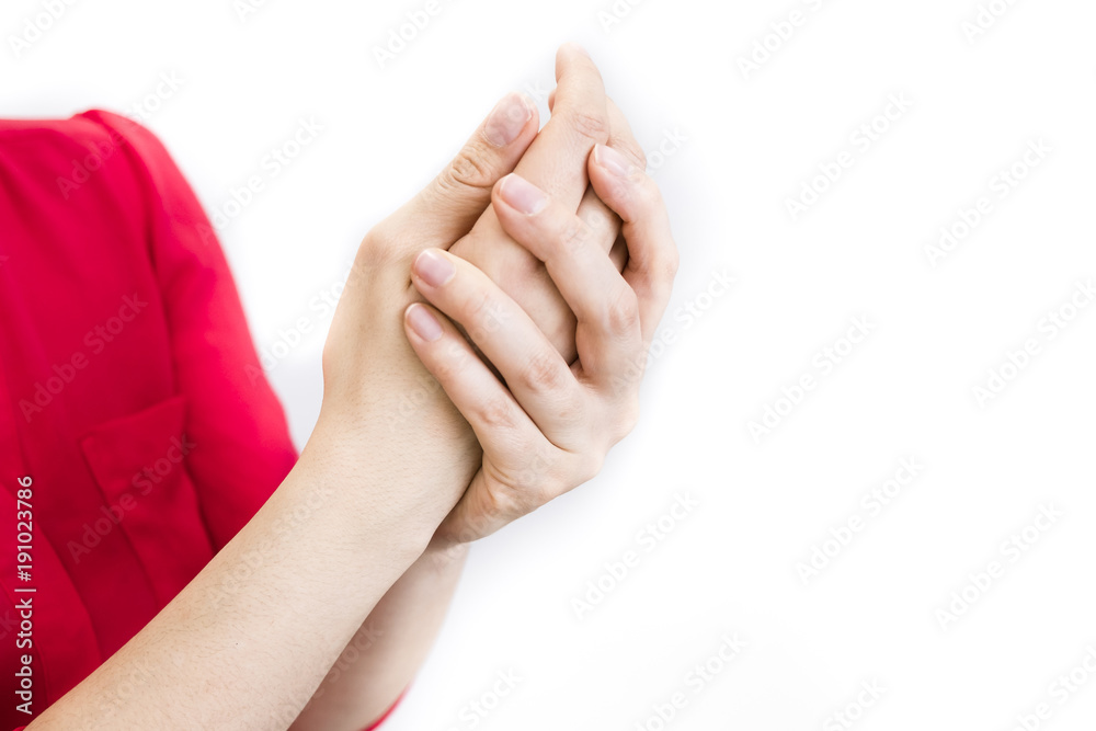 Acute pain in a woman wrist. Female holding hand to spot of wrist pain ...