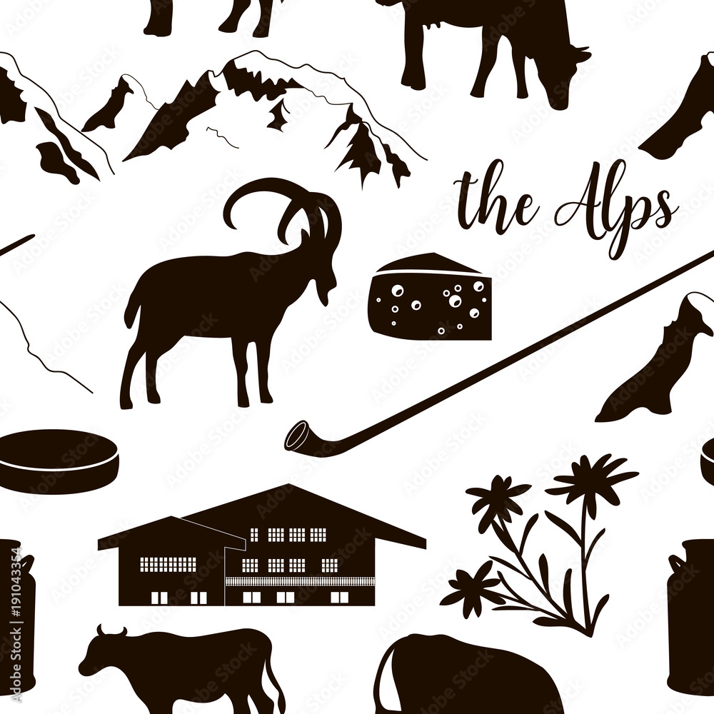 The Alps seamless pattern flat icons. Mountain Matterhorn, Alpine ibex ...